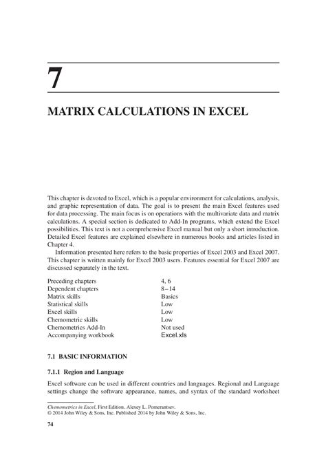 Pdf Chemometrics In Excel Pomerantsevchemometrics In Excel Matrix Calculations In Excel