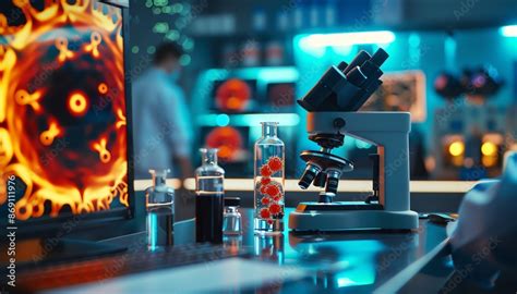 Laboratory Setup With Microscope Test Tubes And Computer Displaying Viral Structure Vibrant
