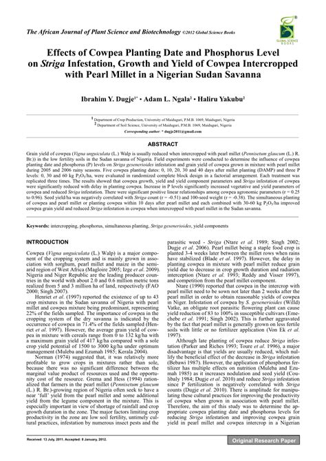 Pdf Effects Of Cowpea Planting Date And Phosphorus Level On Striga