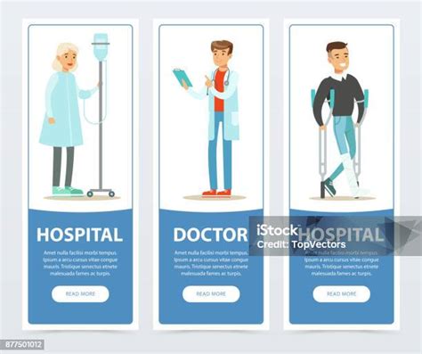 병원과 의사 배너 세트 신체 검사 및 웹사이트 또는 모바일 응용 프로그램에 대 한 치료 평면 벡터 요소 개념에 대한 스톡 벡터 아트 및 기타 이미지 Istock