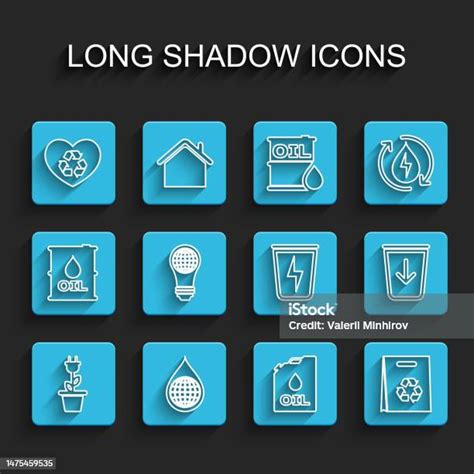 세트 라인 전기 절약 플러그 친환경 심장 캐니스터 기계 오일 재활용 쇼핑백 전구 세계 지구 휴지통 및 번개 캔 아이콘으로 보내기 벡터 가솔린에 대한 스톡 벡터 아트 및 기타