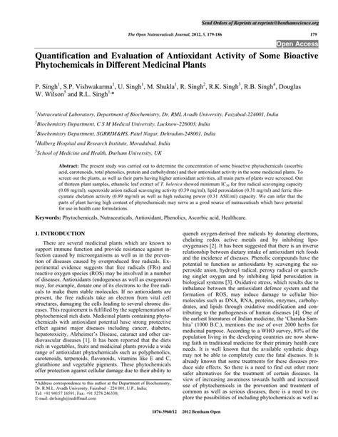 Pdf Quantification And Evaluation Of Antioxidant Activity Of Some Bioactive Phytochemicals In