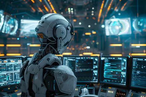 Artificial Intelligence Robot Humanoid Android That Operates Multiple Computers And Screens