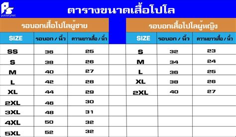 ตารางไซส์เสื้อโปโล แบบมาตรฐาน เพื่อให้ออกมาได้ตรงใจ