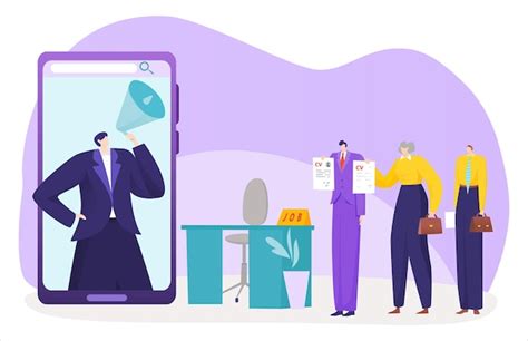 오픈 비즈니스 공석 개념 벡터 일러스트 레이 션 평면 작은 후보 문자 채용 Hr 노동자 남자 사용 스피커에 대 한 Cv 이력서를 개최 프리미엄 벡터