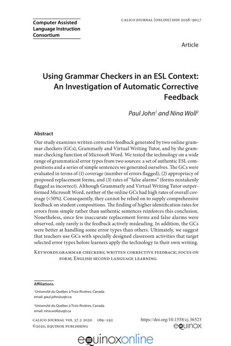 Pdf Using Grammar Checkers In An Esl Context An Investigation Of Automatic Corrective Feedback