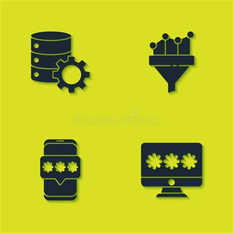 Set Server And Gear Monitor With Password Mobile And Sales Funnel Chart Icon Vector Stock