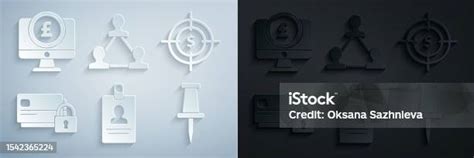 식별 배지 달러 기호가 있는 대상 신용 카드 잠금 압정 프로젝트 팀 베이스 및 컴퓨터 모니터 파운드 스털링 아이콘을 설정합니다