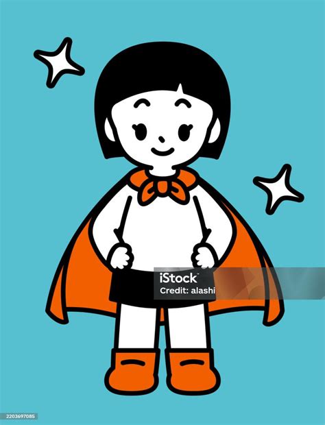 짧은 검은 머리에 빨간 망토를 두른 귀여운 소녀가 미소를 지으며 허리에 손을 얹고 자신 있게 서 있다 정면도 평면 색상의 검은색 윤곽선 미니멀한 스타일 아이에 대한 스톡