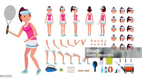 테니스 선수 여성 벡터입니다 애니메이션된 캐릭터 만들기 세트입니다 테니스 선수 소녀 여자입니다 전체 길이 전면 측면 후면 액세서리 얼굴 감정 몸짓 플랫 만화 삽화를 절연