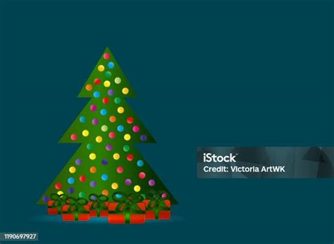 에메랄드 배경에 크리스마스 트리 아래 녹색 활과 여러 가지 색깔의 둥근 공과 상자 아래에서 빛나는 녹색 나무 12월에 대한 스톡 벡터 아트 및 기타 이미지 Istock