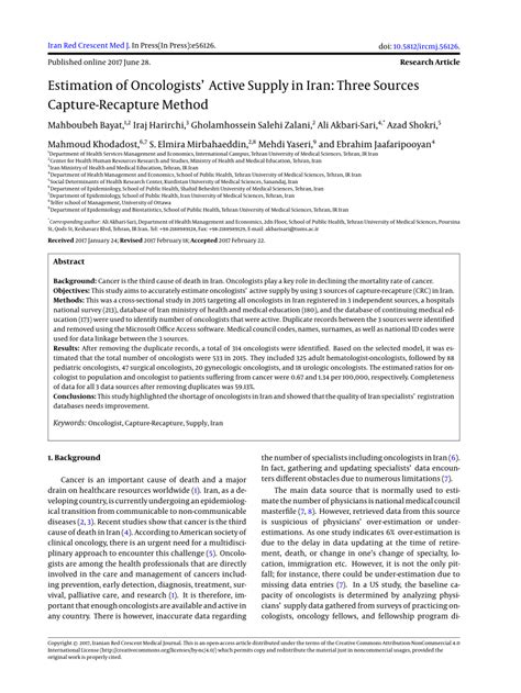 Pdf Estimation Of Oncologists Active Supply In Iran Three Sources Capture Recapture Method