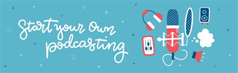 자신의 팟 캐스팅을 시작합니다 수평 파노라마 배너 악기 마이크 및 헤드폰 오디오 처리 프로그램을 통해 개념화할 수 있습니다 핸드