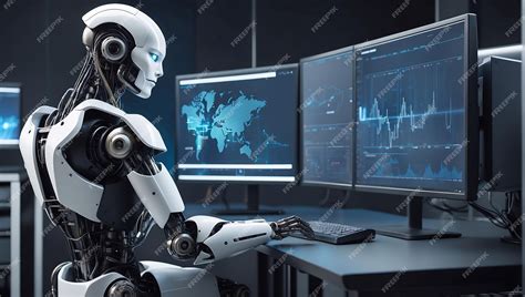 A Strong Artificial Intelligence Robot Sitting At A Desk With A