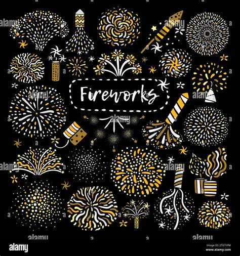 Golden Yellow Festive Different Types Firework Shapes Icons Composition