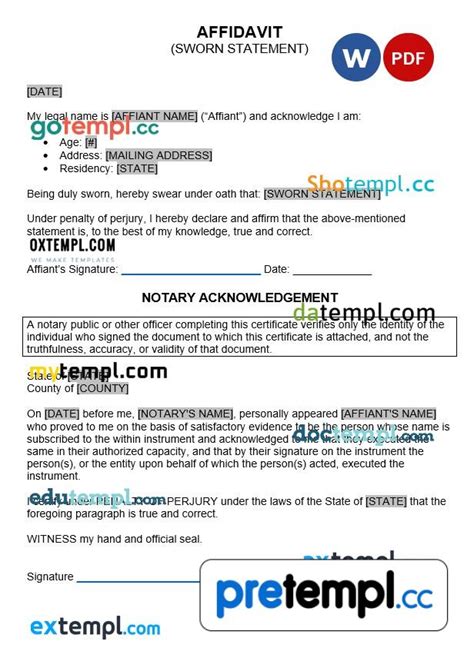 Affidavit Sworn Statement Agreement Word Example Pretempl