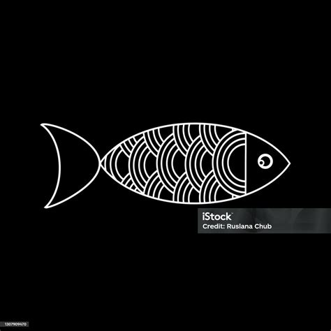 물고기는 검은 색 배경에 흰색 윤곽으로 그려집니다 엽서 주방 직물 메뉴 레스토랑에 대한 귀여운 일러스트레이션 얇은 선 사용자 정의 일러스트레이션 벡터 그래픽 개념에 대한