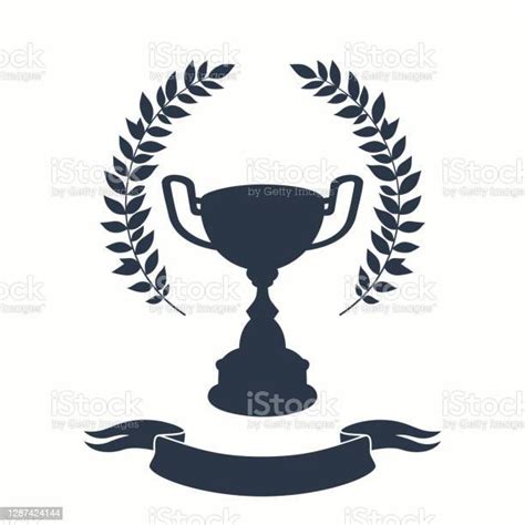 트로피 컵 실루엣 월계수 화환과 리본이 있는 어워드 컵의 블랙 실루엣이 흰색 배경 1위에 대한 스톡 벡터 아트 및 기타 이미지 1위 Championship 검은색