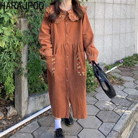 Harajpoo 드레스 여성 하라주쿠 피터팬 칼라 싱글 브레스트 자수 2022 새로운 긴 소매 코듀로이 한국 미디 드레스드레스 Aliexpress