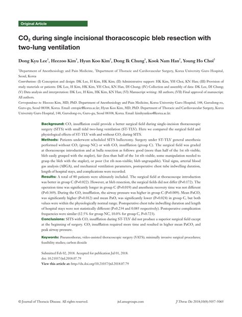 Pdf Co2 During Single Incisional Thoracoscopic Bleb Resection With Two Lung Ventilation