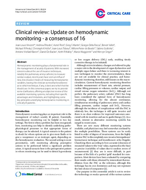 Pdf Clinical Review Update On Hemodynamic Monitoring A Consensus Of 16