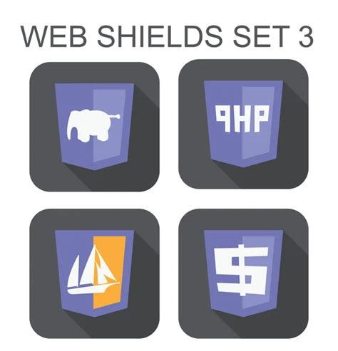 Collection Of Web Development Shield Signs Html5 Css3 Javascript Isolated Round Icons Stock