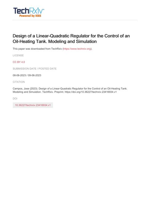 Pdf Design Of A Linear Quadratic Regulator For The Control Of An Oil Heating Tank Modeling