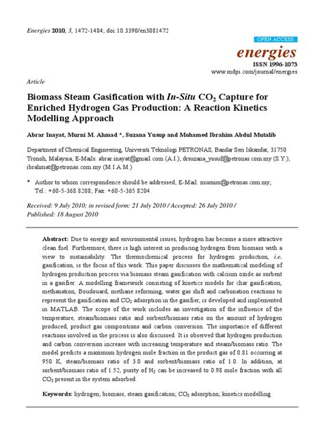 Biomass Steam Gasification With In Situ Pdf Gasification Methane