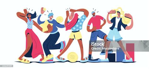 만화 웹 디자인의 비즈니스 상 개념 사람들은 팀으로 일하고 성공을 거두고 골드 컵 별 및 돈 보상으로 승리를 축하합니다 흰색 배경에 고립 된 평면 벡터 그림입니다 개념에