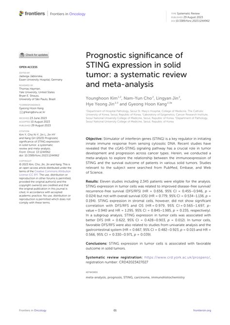 Pdf Prognostic Significance Of Sting Expression In Solid Tumor A Systematic Review And Meta
