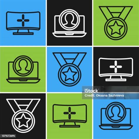 세트 컴퓨터 모니터 메달 및 계정 화면 아이콘 만들기를 설정합니다 벡터 1에 대한 스톡 벡터 아트 및 기타 이미지 1 3위