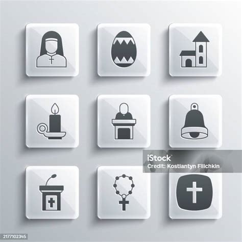 세트 묵주 구슬 종교 기독교 십자가 교회 종 목사 설교 설교 트리뷴 불타는 촛불 촛대 수녀 및 건물 아이콘 벡터 교회에 대한 스톡 벡터 아트 및 기타 이미지 Istock