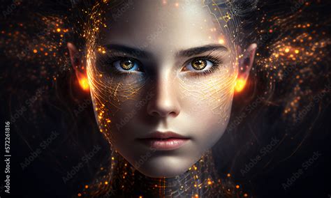 A Close Up Of Humanoid Cyber Girl With A Neural Network Thinks Gold