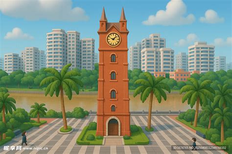 海口钟楼卡通插画设计图人文景观自然景观设计图库昵图网