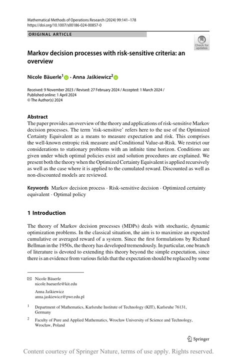 Pdf Markov Decision Processes With Risk Sensitive Criteria An Overview