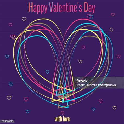 컨투어 라인 심장 진한 파란색 배경에 네온 색상의 모양 로맨틱 발렌타인의 날 디자인입니다 등고선의 패턴입니다 밝은 네온 색상을