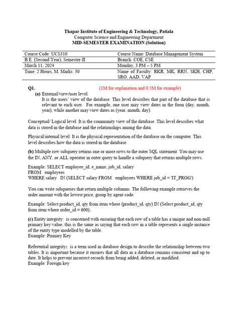 Ucs310 Dbms Mst Solution Latest 2025 Pdf Databases Data Management