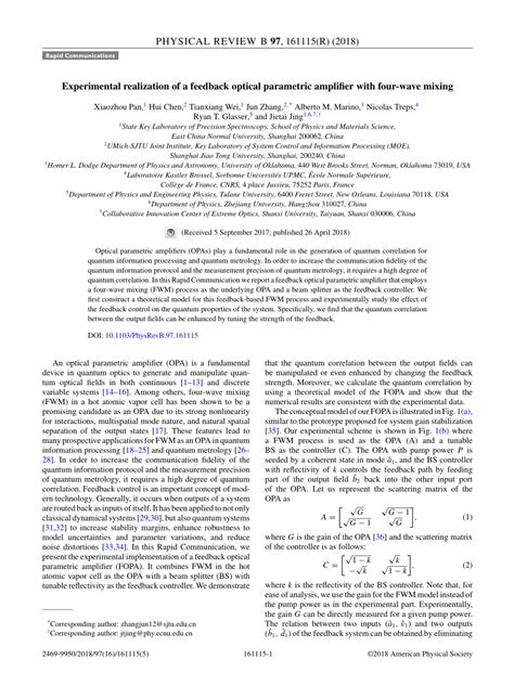 Pdf Experimental Realization Of A Feedback Optical Parametric Amplifier With Four Wave Mixing