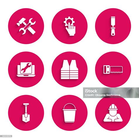 안전 조끼 양동이 건축업자 손톱 삽 노트북 서비스 Rasp 금속 파일 및 해머 렌치 아이콘을 설정합니다 벡터 나사돌리개에 대한