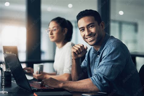 Man Portrait And Happy Programmer On Laptop In Office For Deadline At