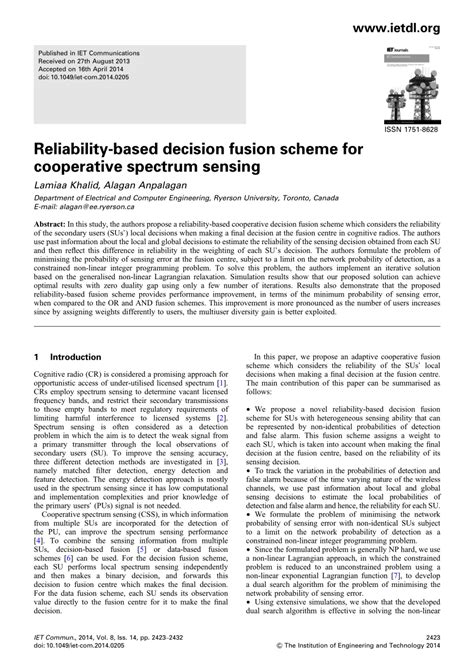 Pdf Reliability Based Decision Fusion Scheme For Cooperative Spectrum Sensing