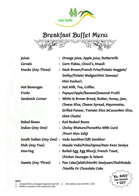 5 Star Hotel Breakfast Buffet Menu