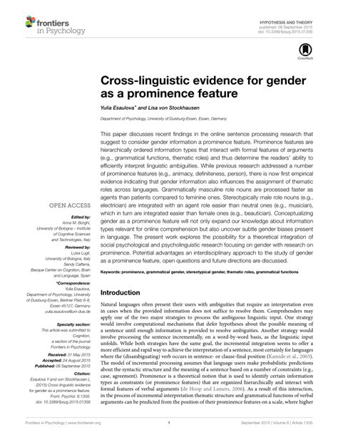 Pdf Cross Linguistic Evidence For Gender As A Prominence Feature