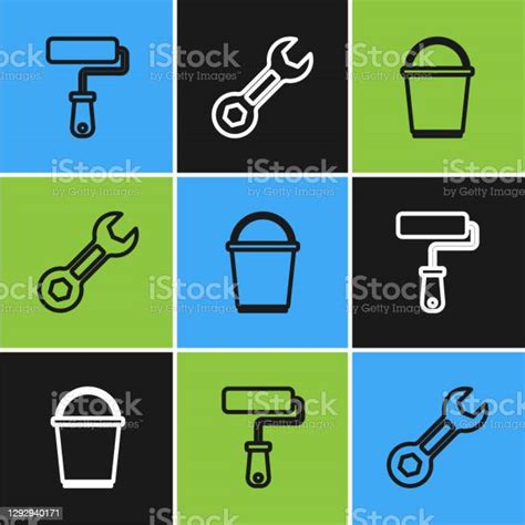 세트 라인 페인트 롤러 브러시 양동이와 렌치 스패너 아이콘 벡터 가사 집안일에 대한 스톡 벡터 아트 및 기타 이미지 가사 집안일 가정 생활 굴리기 Istock