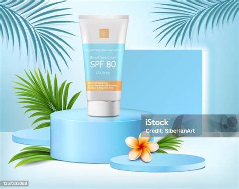 디스플레이 연단에 선스크린 크림 튜브 종이 잘라 이국적인 잎 여름 화장품 광고 템플릿 벡터 일러스트레이션 웹 배너에 대한 스톡