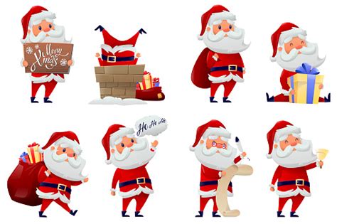 다양한 산타 클로스 세트 크리스마스와 새해를 축하하는 재미있는 산타 클로스 가방과 선물행복 산타 다른 감정 산타 만화 캐릭터 벡터 일러스트레이션 모자 모자류에 대한 스톡