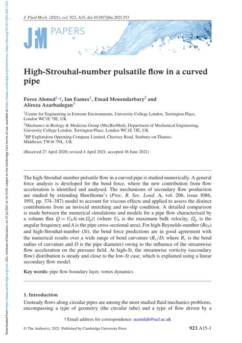Pdf High Strouhal Number Pulsatile Flow In A Curved Pipe