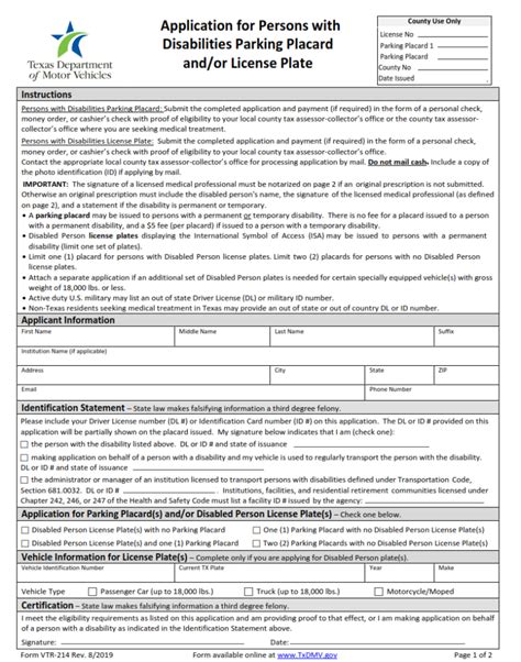 Application For Persons With Disabilities Parking Placard Spanish At