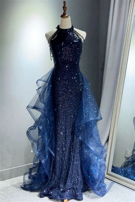 Navy Shiny Tulle Long Party Dress With Beaded Navy Evening Party Dres
