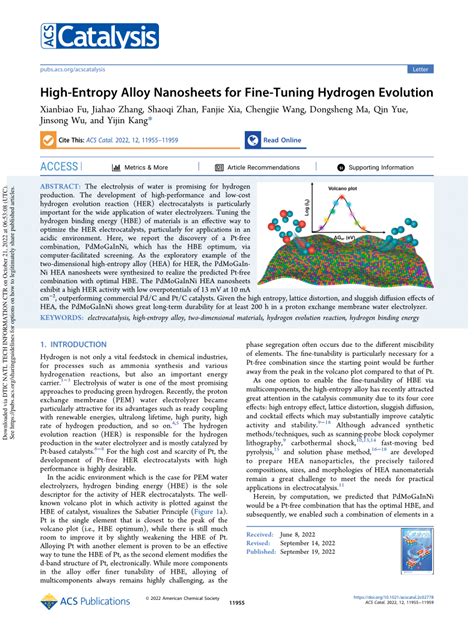 Pdf High Entropy Alloy Nanosheets For Fine Tuning Hydrogen Evolution